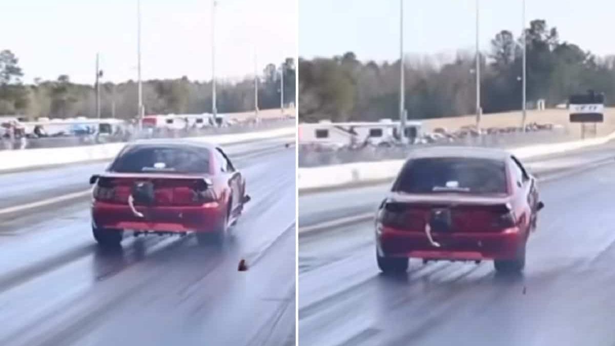Watch this Ford Mustang go FLYING before crashing into the kerb