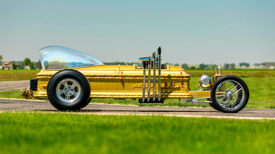 This coffin has been transformed into a four-wheeled V8 Dragula replica