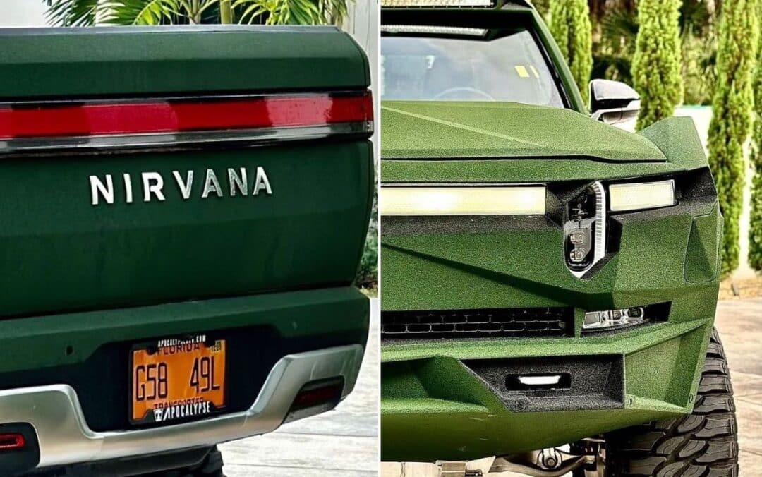 Rivian pick-up truck customized with 'moss' body kit