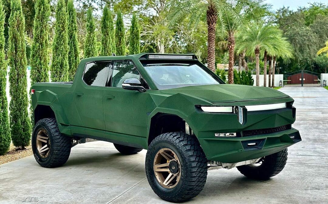 Rivian pick-up truck customized with 'moss' body kit
