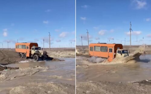Russian bus driver attempts to cross a river and regrets it