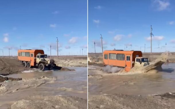 Russian bus driver attempts to cross a river and regrets it