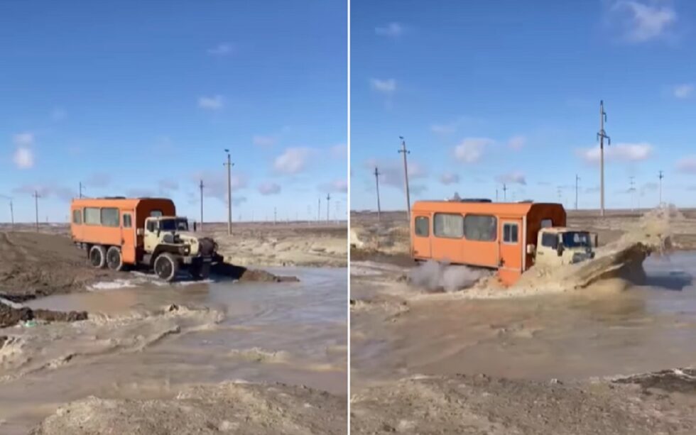 Russian bus driver attempts to cross a river and regrets it