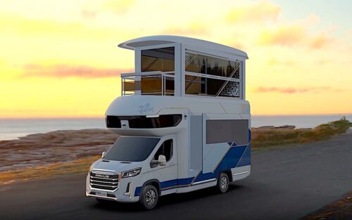 This double decker RV has its own elevator to take you to the second ...