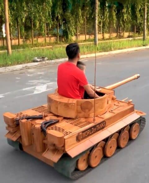 Dad builds a wooden tank and it actually fires