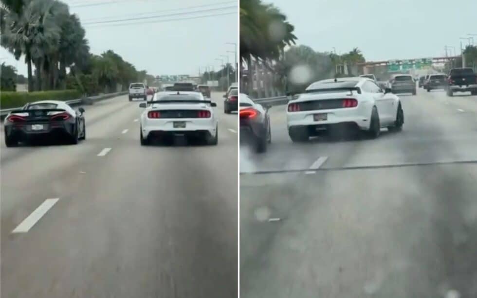 Fishtailing Mustang driver skillfully avoids hitting McLaren
