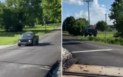 Little Nissan truck gets huge air jumping over train line