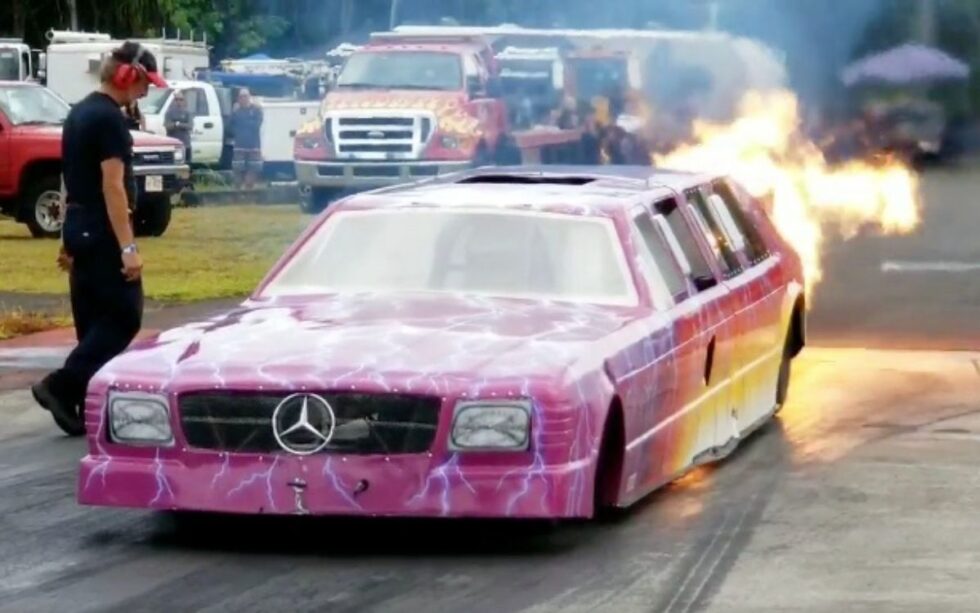 This neon-colored Mercedes limo shoots FLAMES