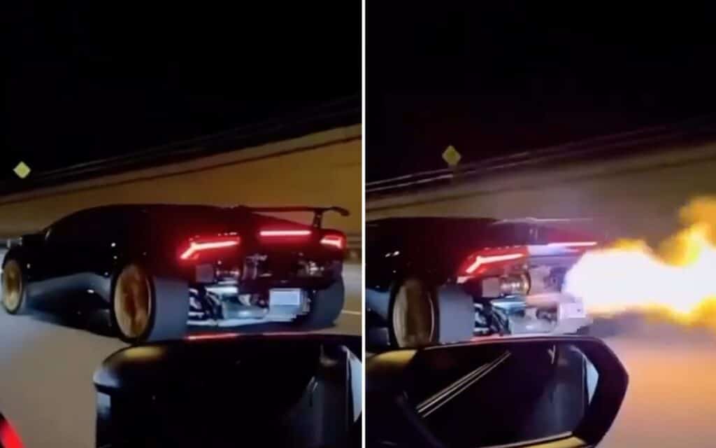 Footage shows twin turbo Lamborghini blasting 10-foot flames