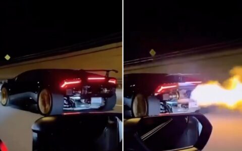 Footage shows twin turbo Lamborghini blasting 10-foot flames